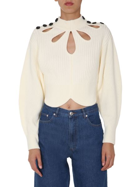Self-portrait Cropped Wool Blend And Cotton Perforated Sweater With ...