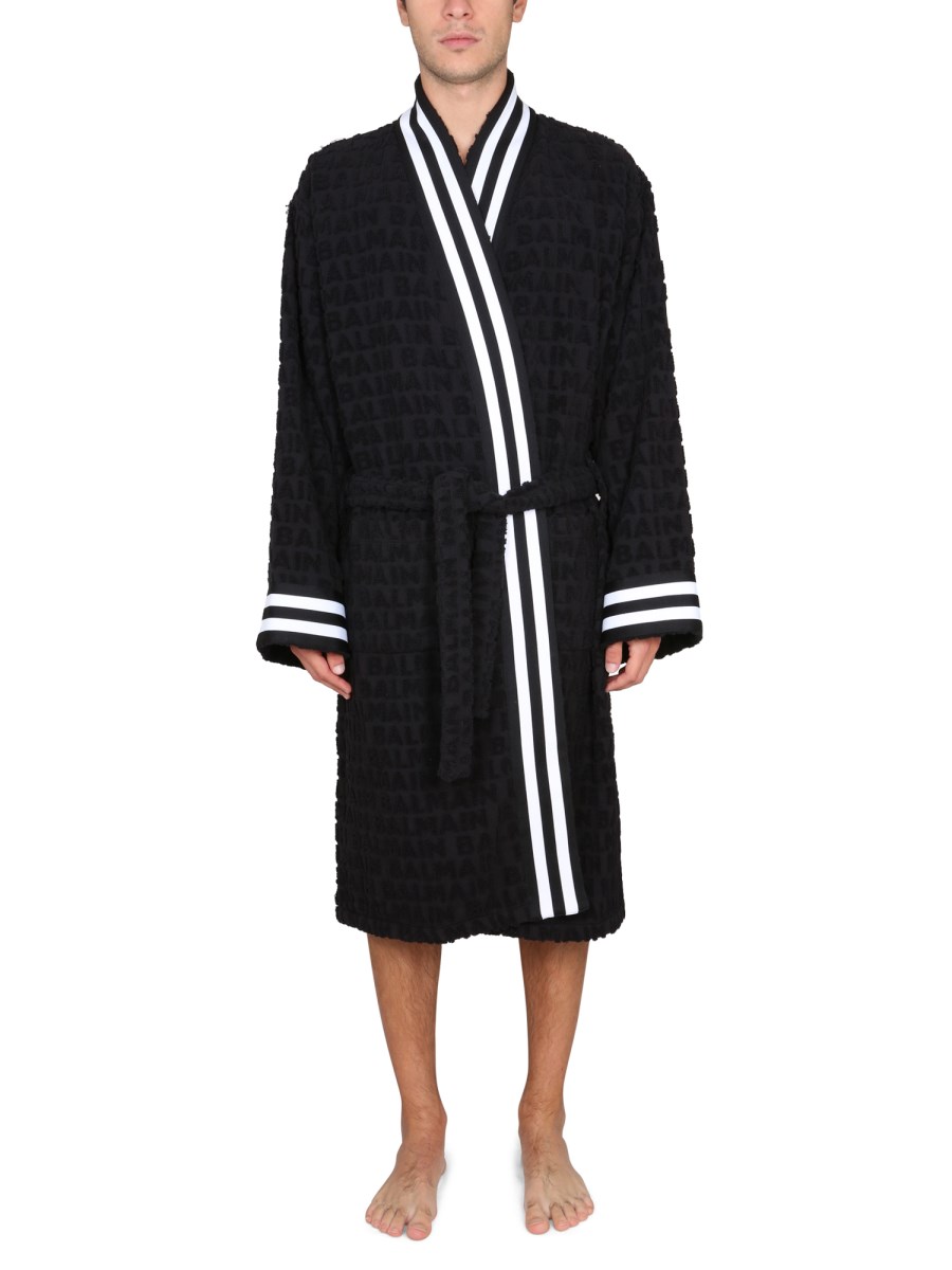 BALMAIN - COTTON BATHROBE WITH CONTRASTING BORDER - Eleonora Bonucci