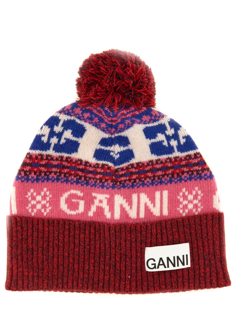 GANNI - WOOL BEANIE HAT WITH GRAPHIC PATTERN - Eleonora Bonucci